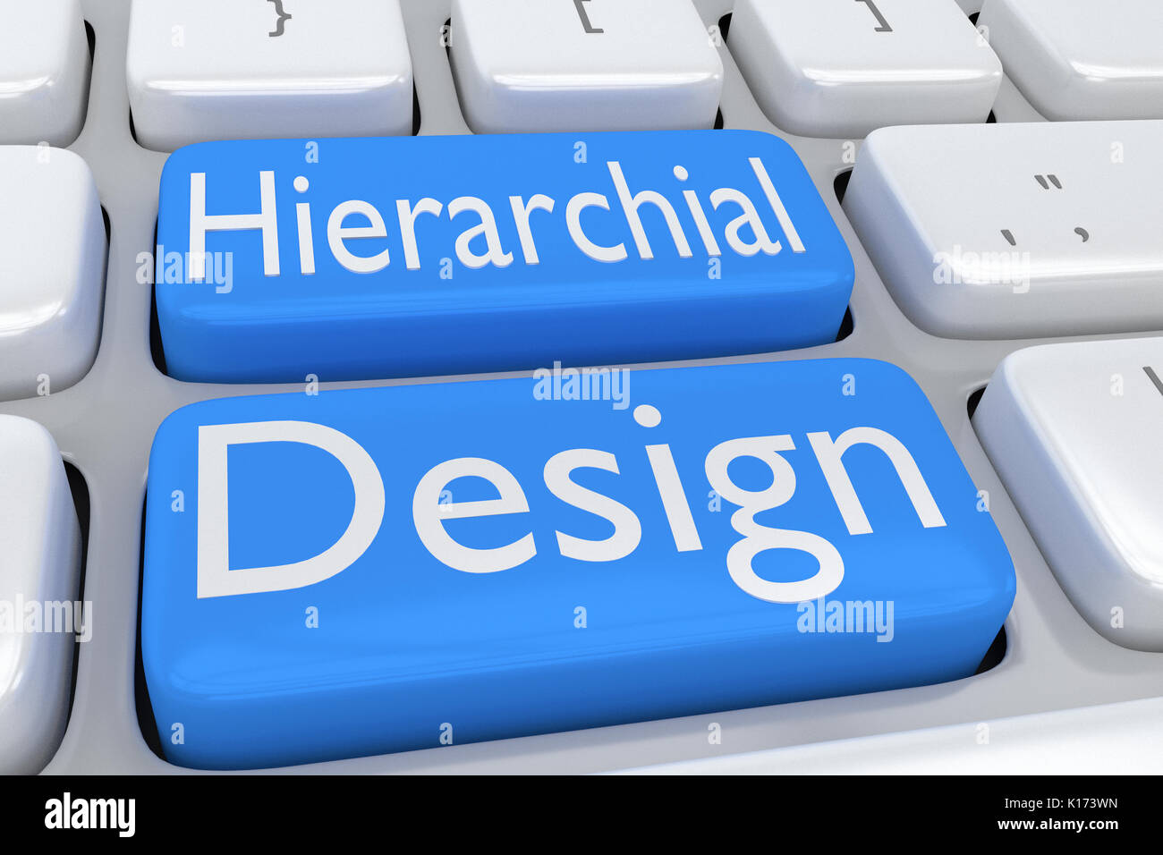 3D illustration of computer keyboard with the script "Hierarchical Design" on two adjacent pale ...
