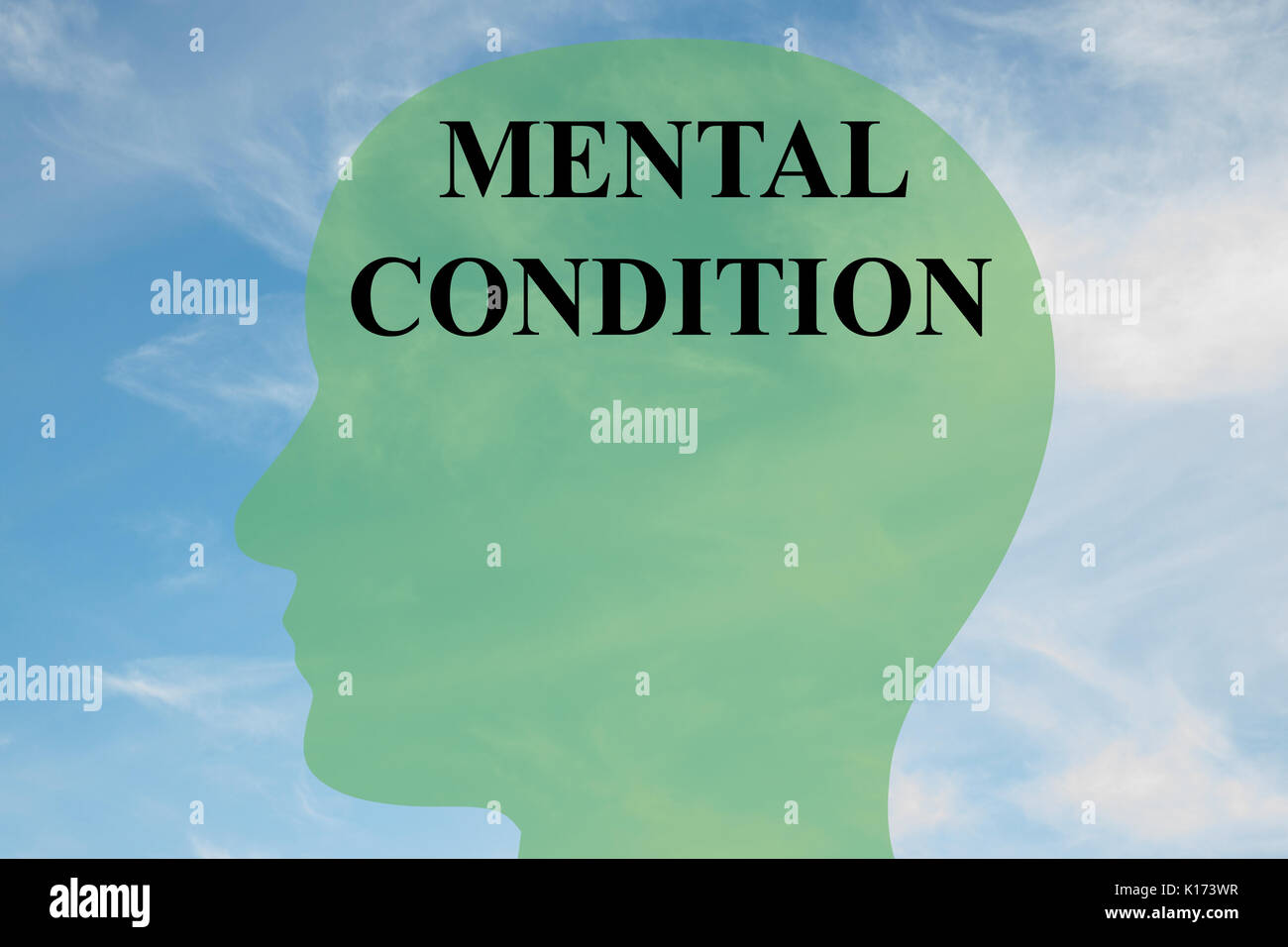 Render Illustration Of Mental Condition Script On Head Silhouette With Cloudy Sky As A