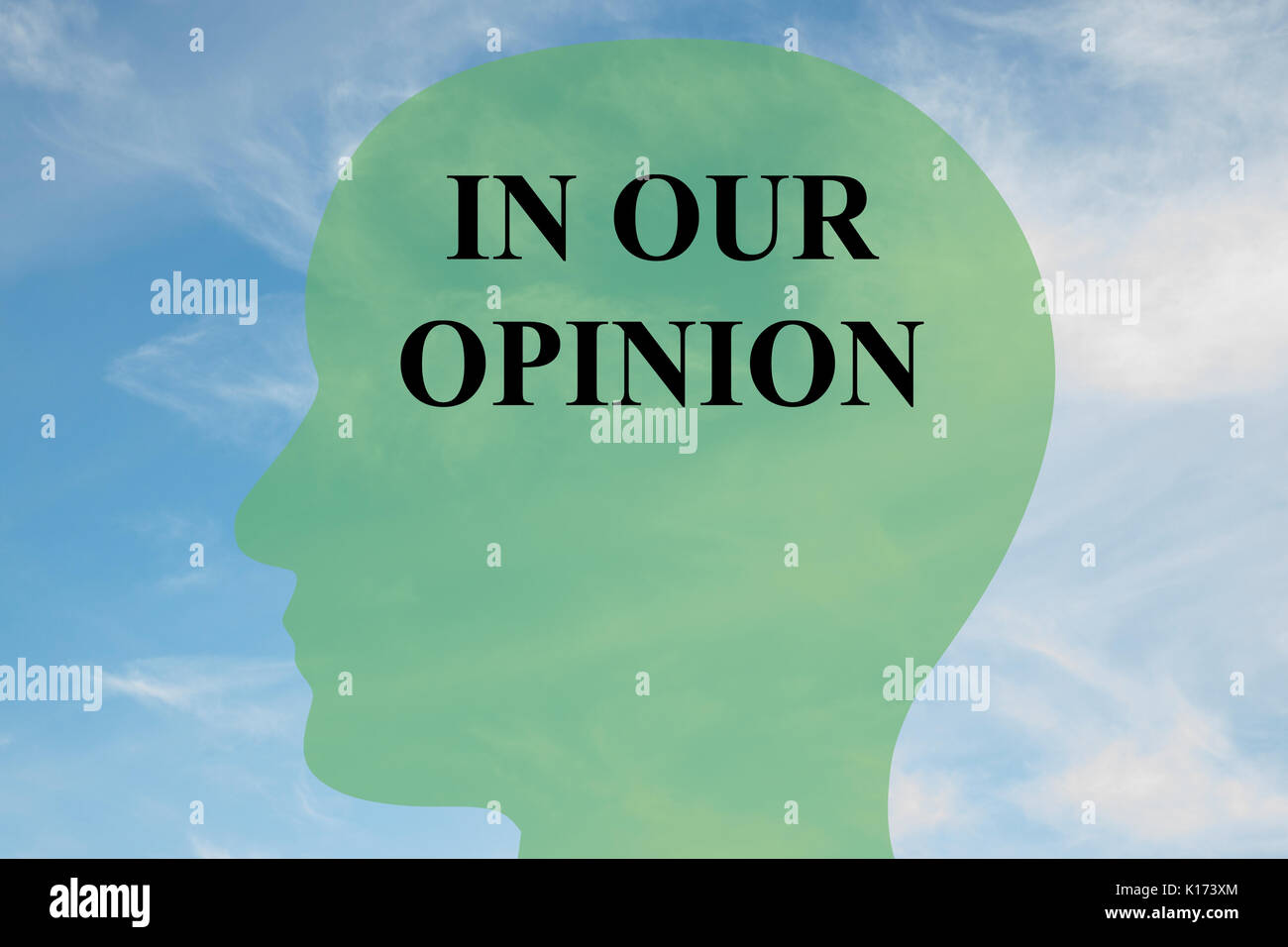 Render illustration of "IN OUR OPINION" script on head silhouette, with ...