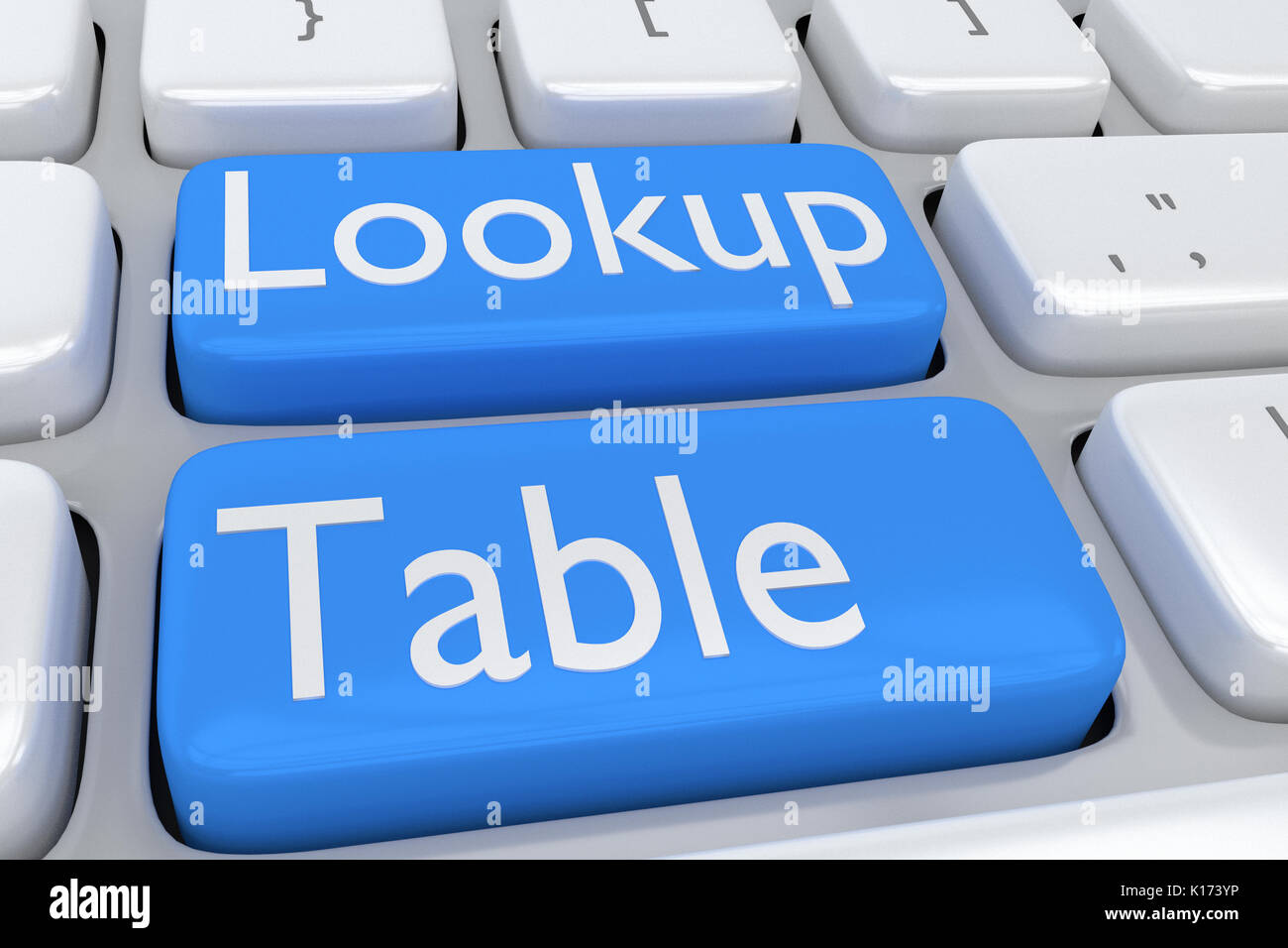 3D illustration of computer keyboard with the script "Lookup Table" on two adjacent pale blue ...