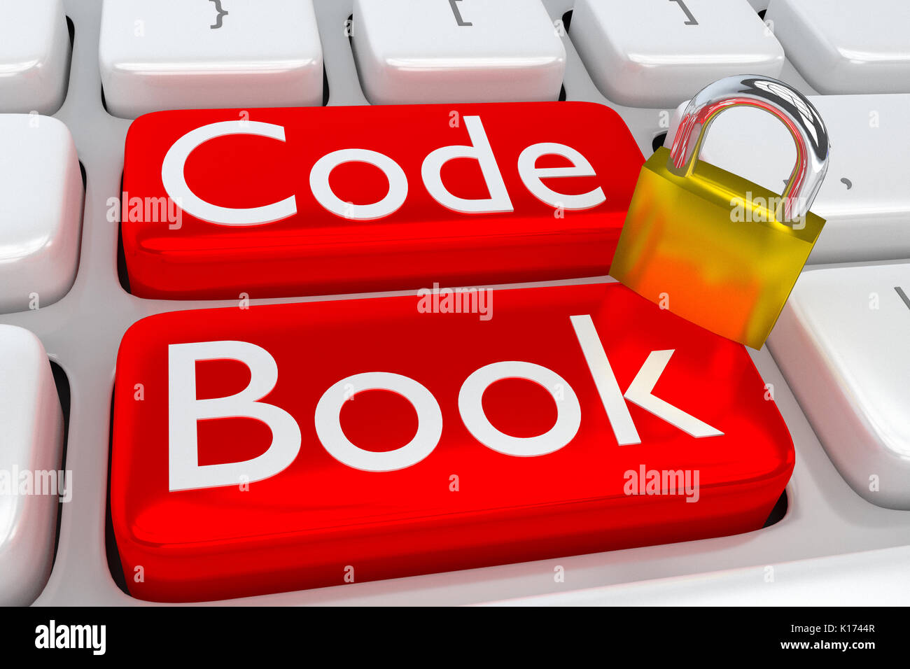 3D illustration of computer keyboard with the print "Code Book" on two adjacent red buttons ...