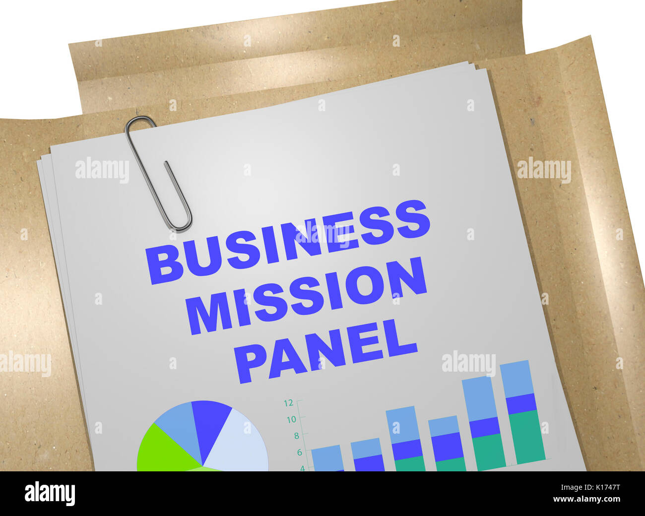 3D illustration of "BUSINESS MISSION PANEL" title on business document ...