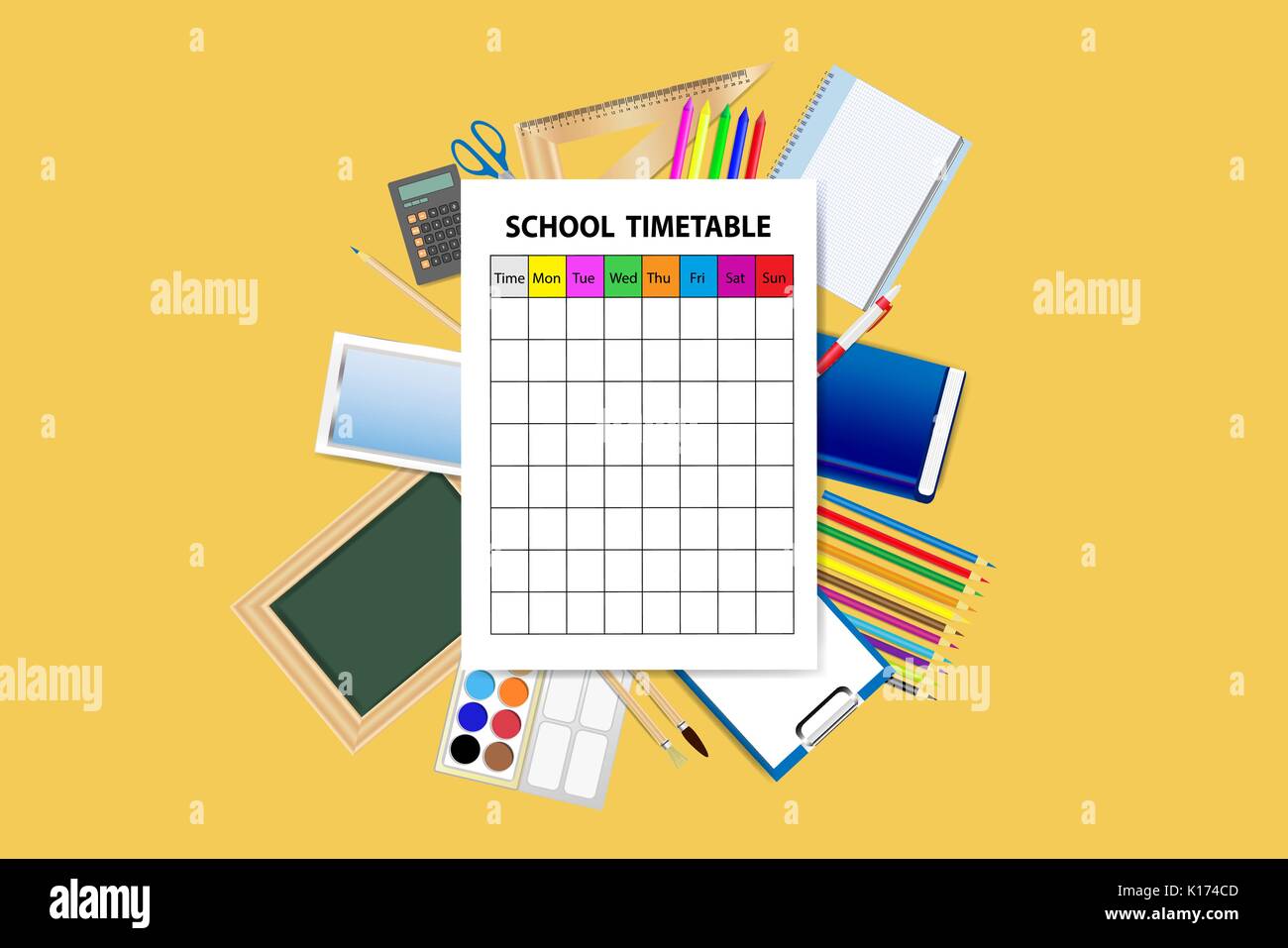 School supplies around the empty school timetable on the yellow ...