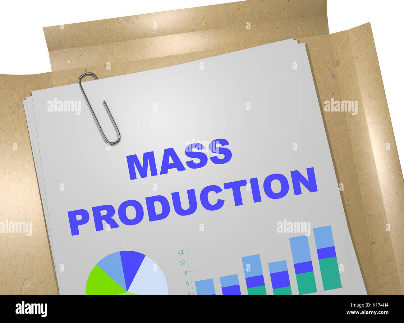 3D illustration of "MASS PRODUCTION" title on business document Stock ...