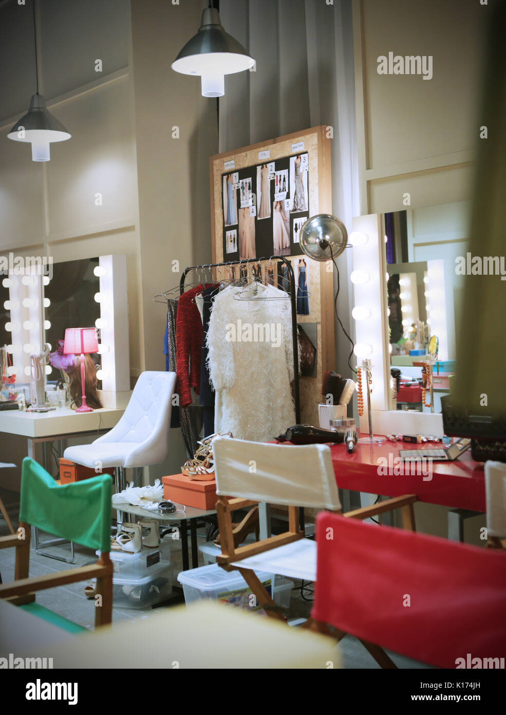 red, white and green chair put in the backstage of fashion show Stock ...
