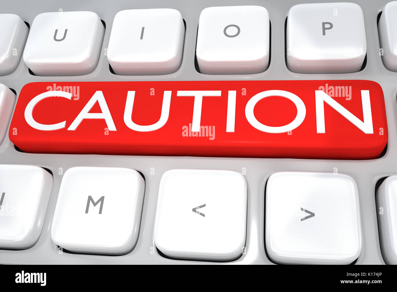 3D illustration of computer keyboard with the print "Caution" on a red ...