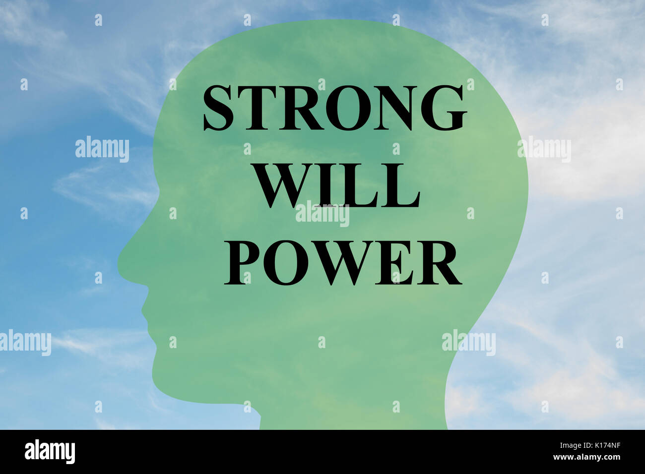 Render illustration of "STRONG WILL POWER" script on head silhouette ...