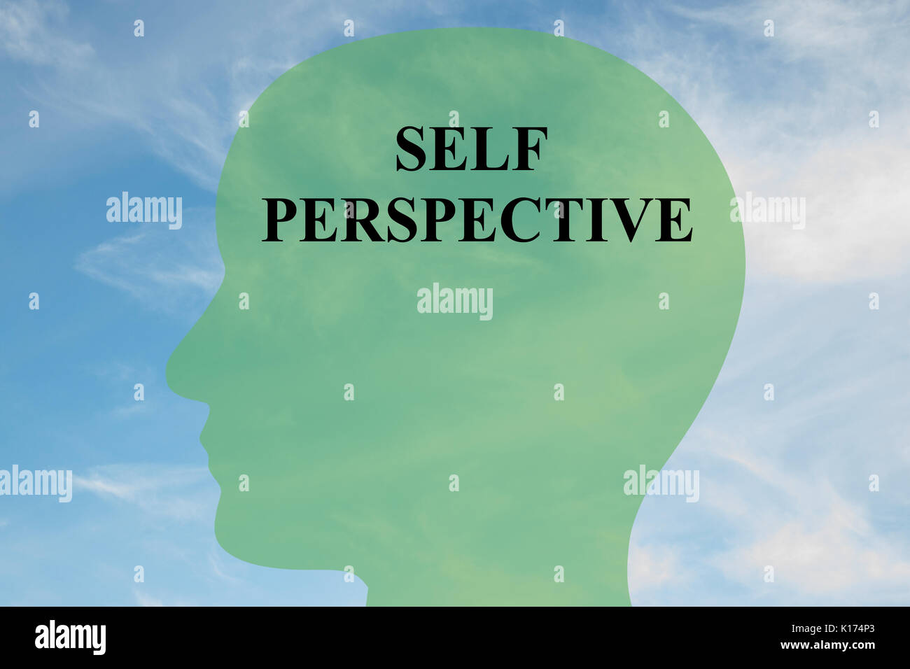 Render illustration of "SELF PERSPECTIVE" script on head silhouette ...