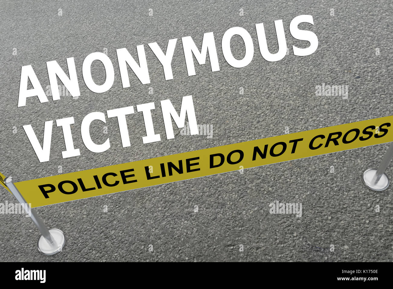 3D illustration of "ANONYMOUS VICTIM" title on the ground in a police ...