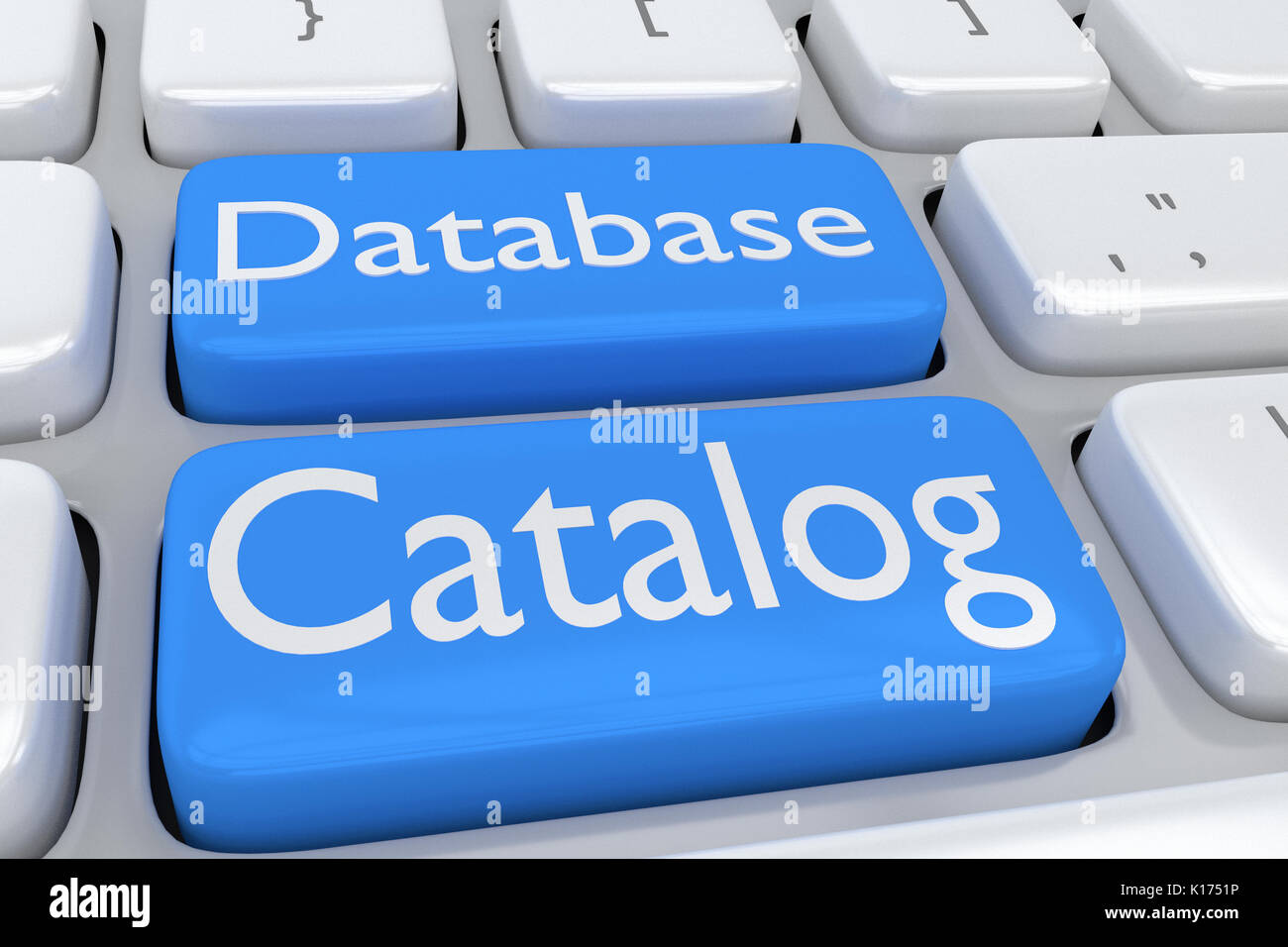 3D illustration of computer keyboard with the script "Database Catalog" on two adjacent pale ...