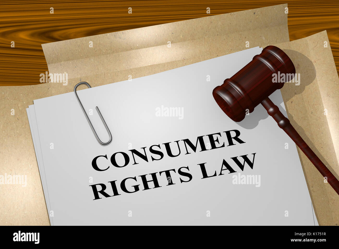 3D illustration of "CONSUMER RIGHTS LAW" title on Legal Documents Stock ...