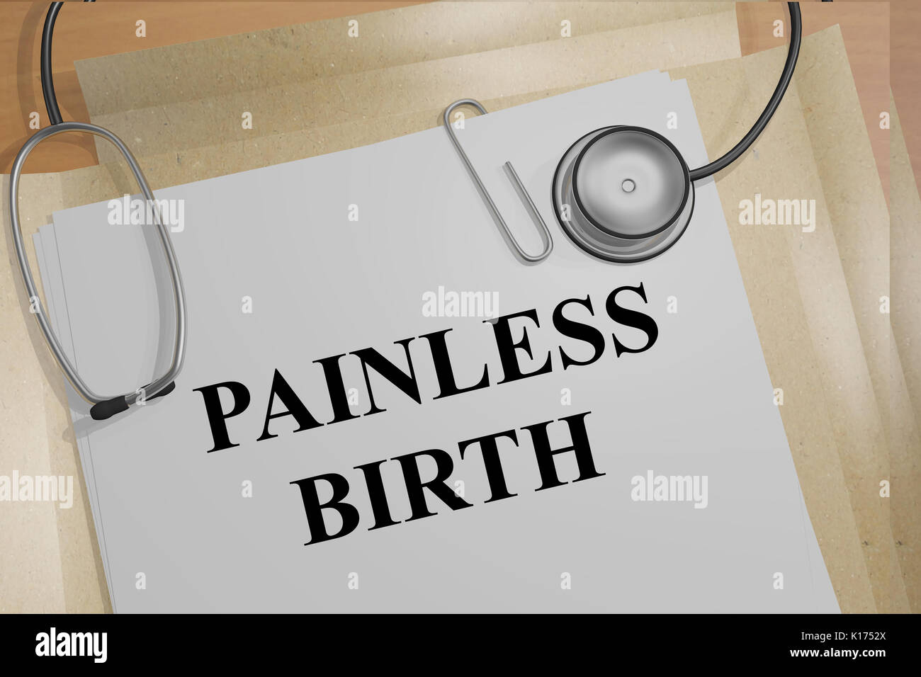 3D illustration of "PAINLESS BIRTH" title on medical document Stock ...