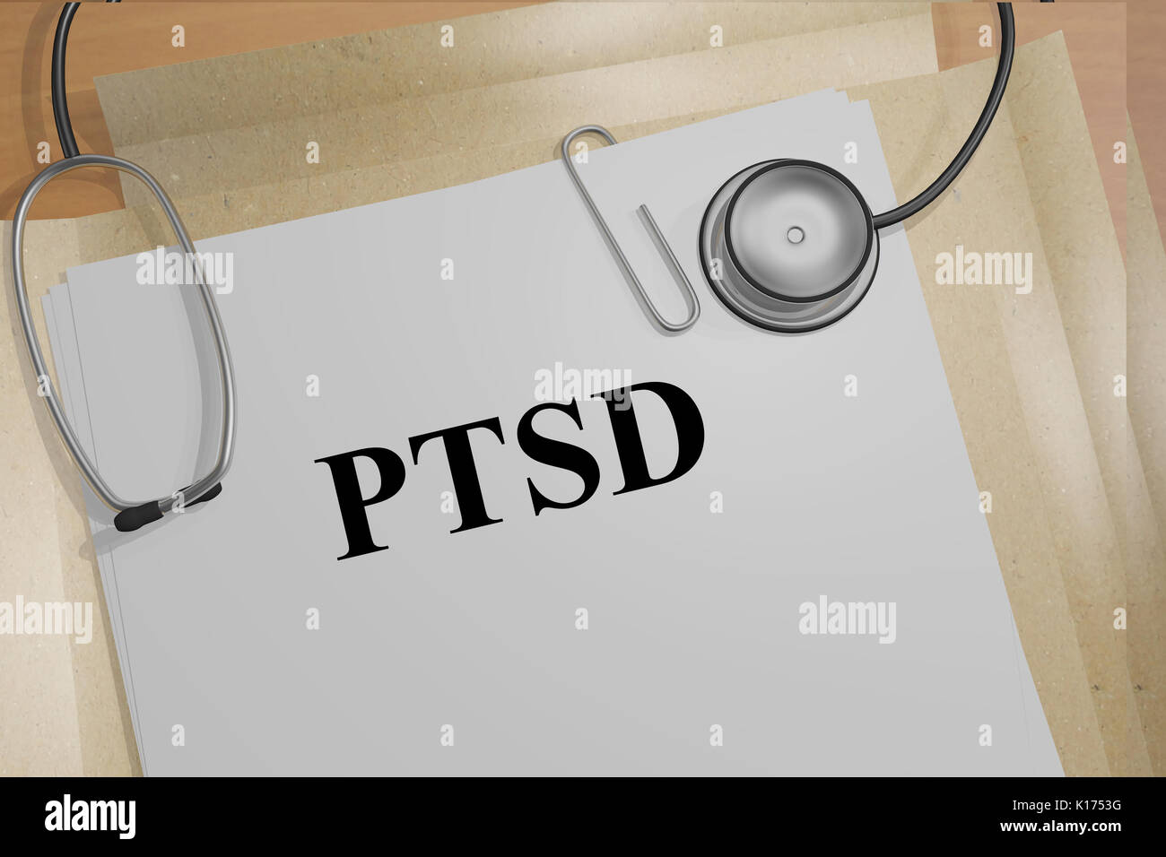 3D illustration of "PTSD" title on medical document (Posttraumatic ...