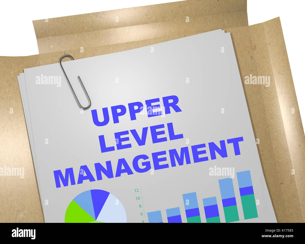 3D illustration of "UPPER LEVEL MANAGEMENT" title on business document ...