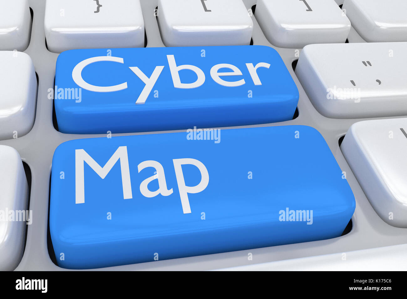 3D illustration of computer keyboard with the script "Cyber Map" on two adjacent pale blue ...