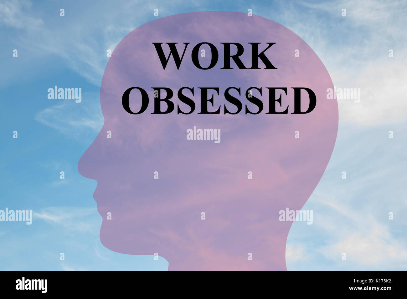 Render illustration of "WORK OBSESSED" script on head silhouette, with ...