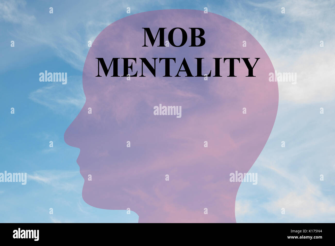 Render illustration of "MOB MENTALITY" script on head silhouette, with ...