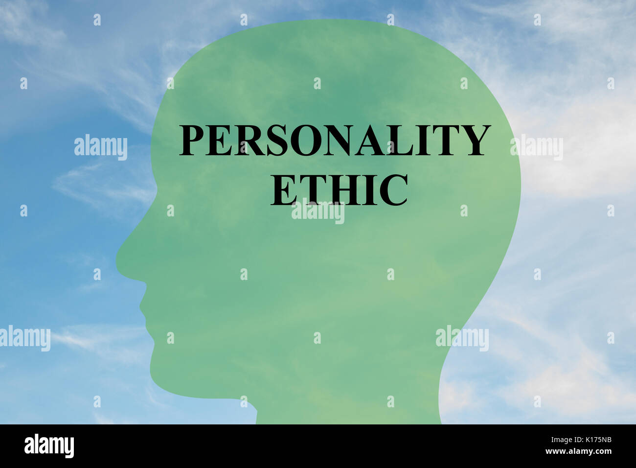 Render illustration of "PERSONALITY ETHIC" script on head silhouette ...