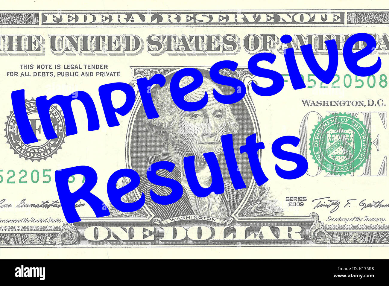 Render illustration of "Impressive Results" title on One Dollar bill as ...