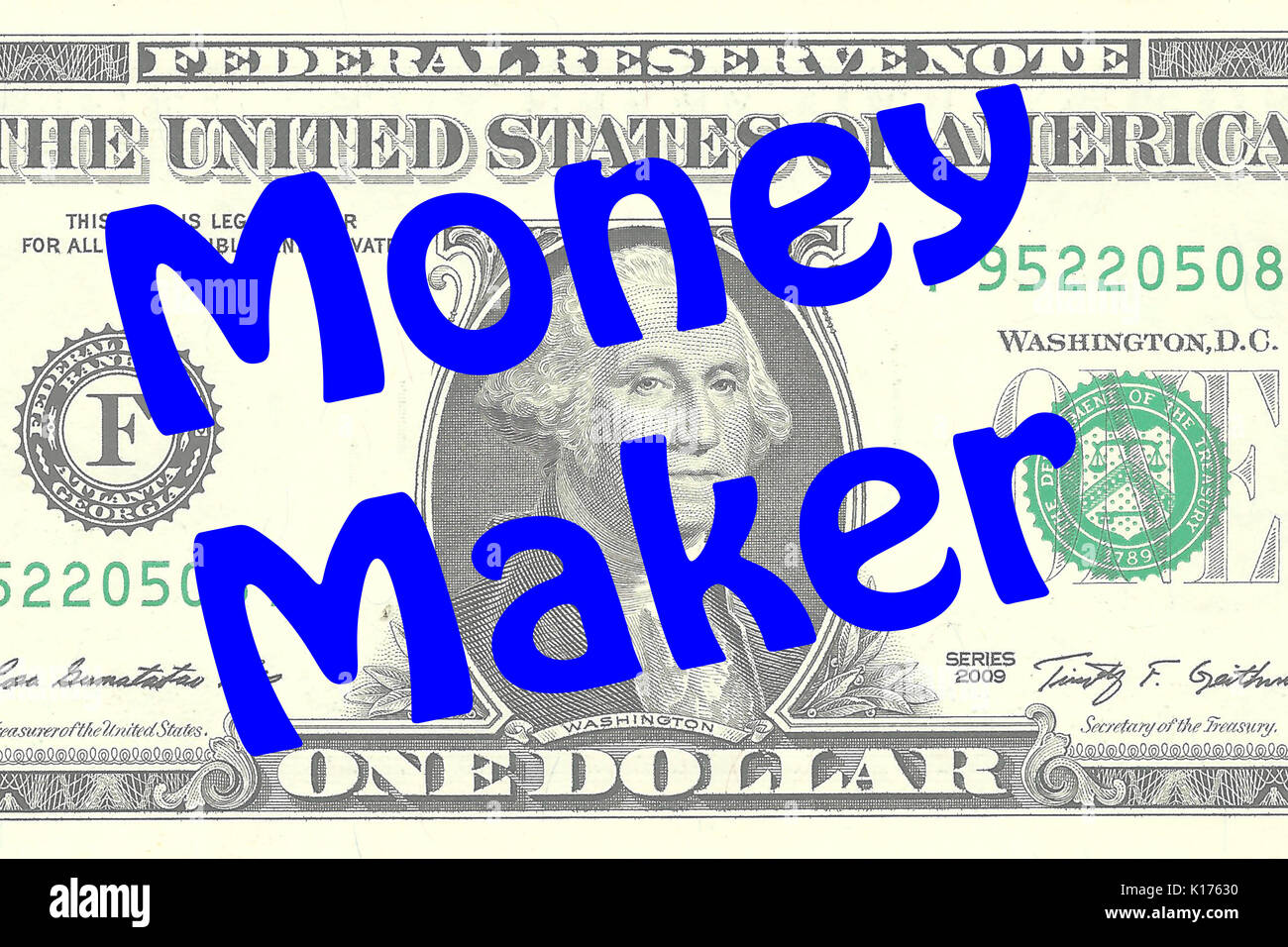 Render illustration of "Money Maker" title on One Dollar bill as a ...