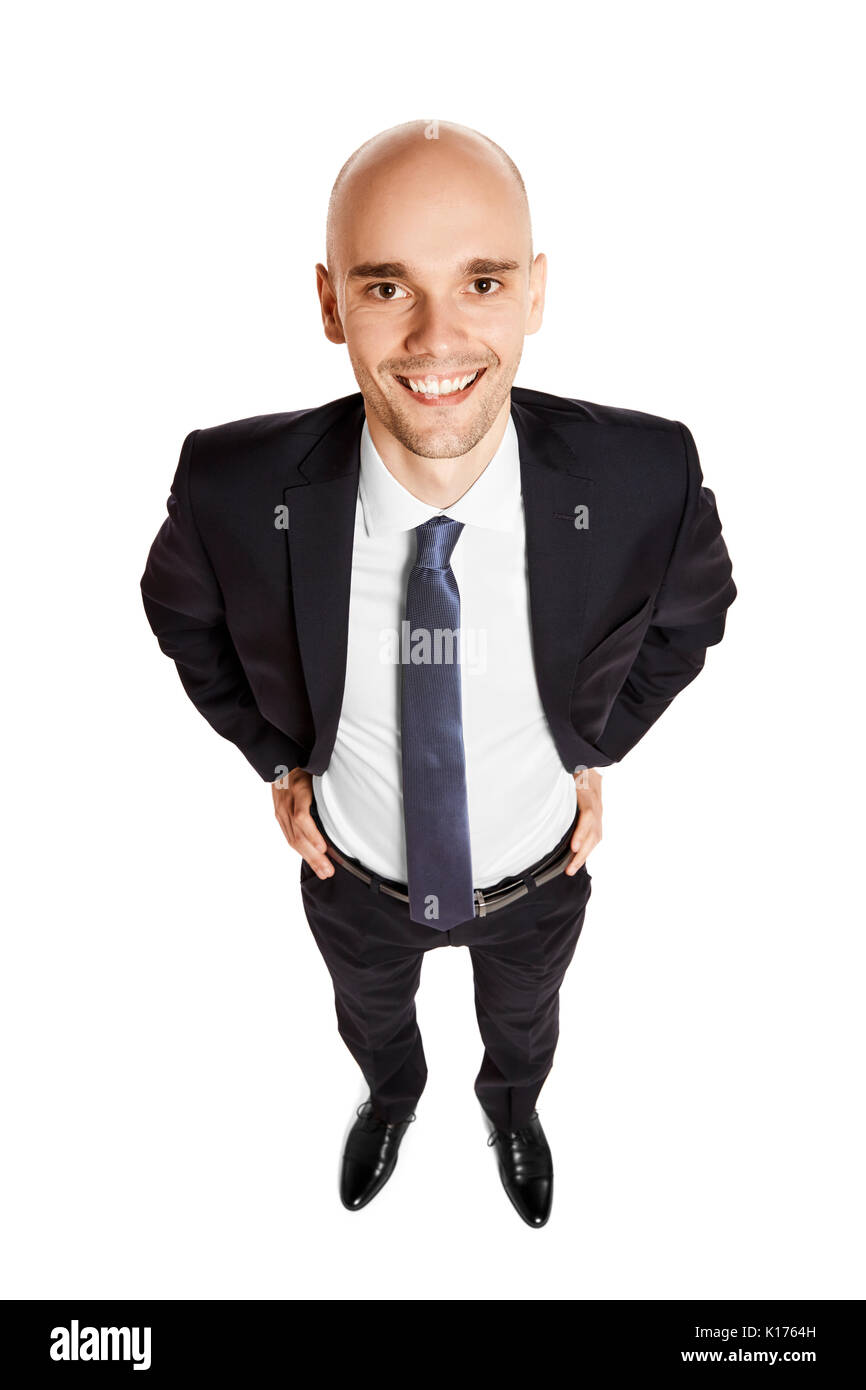 Overhead view of a young smiling man. Portrait isolated on white ...