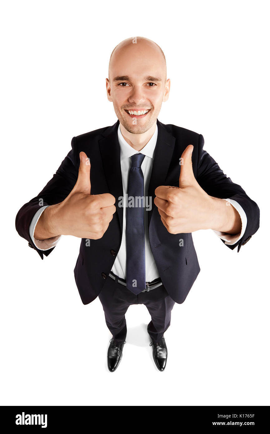 Overhead view of a satisfied man. Portrait isolated on white background ...