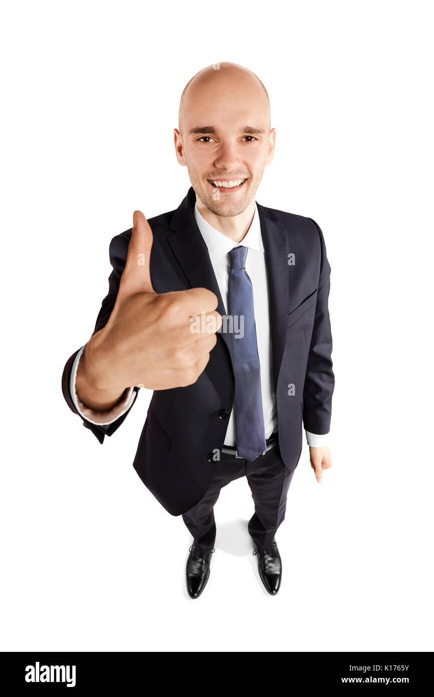 Above view of a satisfied man. Portrait isolated on white background ...