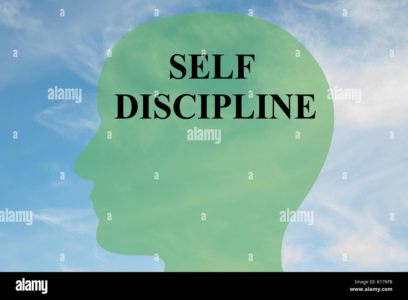 Render illustration of "SELF DISCIPLINE" script on head silhouette ...