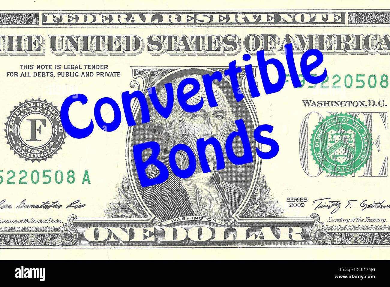 Render illustration of "Convertible Bonds" title on One Dollar bill as ...