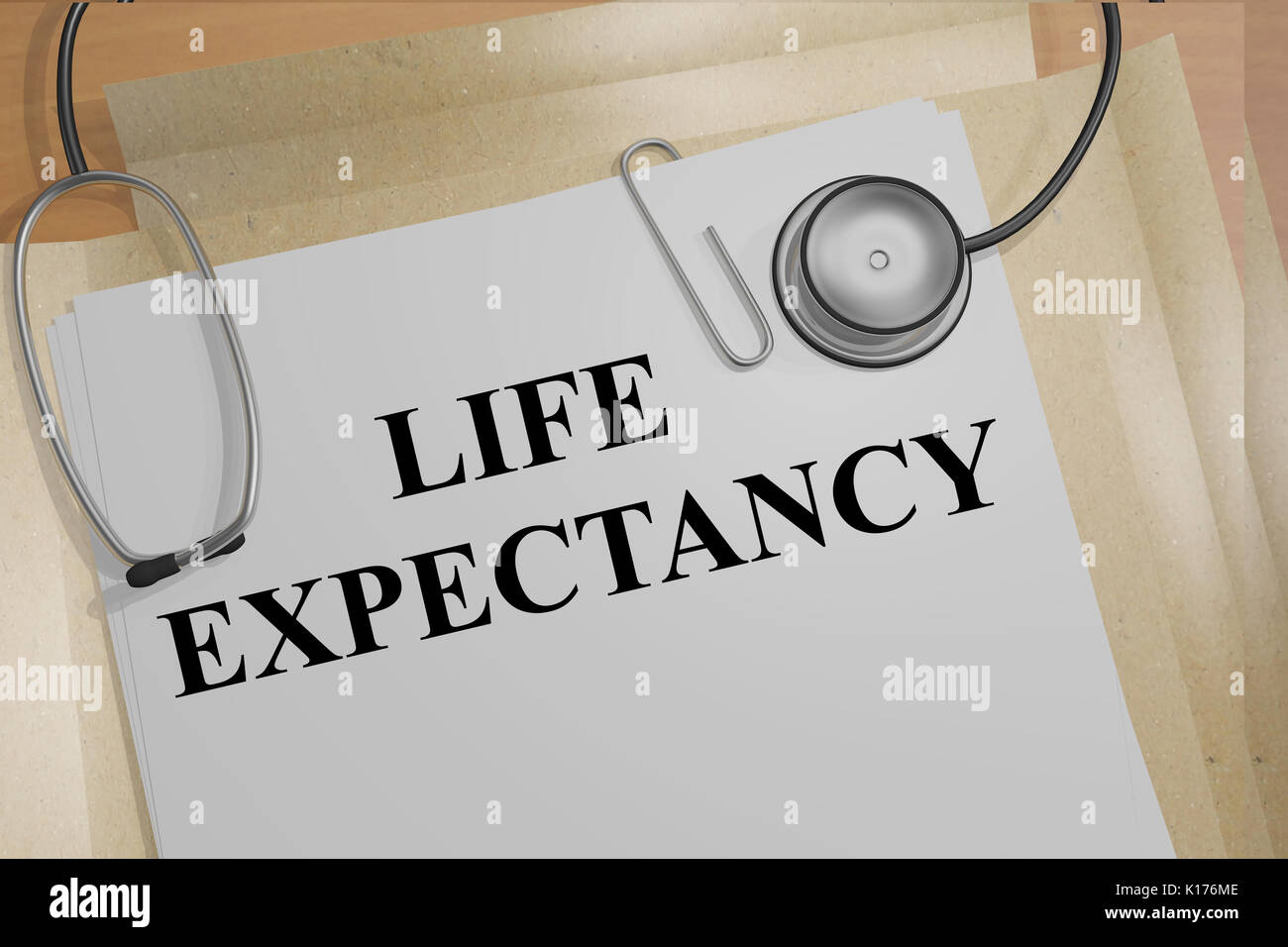 3D illustration of "LIFE EXPECTANCY" title on medical documents ...