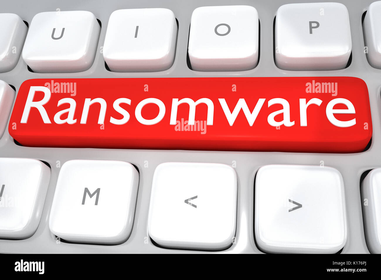 3D illustration of computer keyboard with the print "Ransomware" on a ...