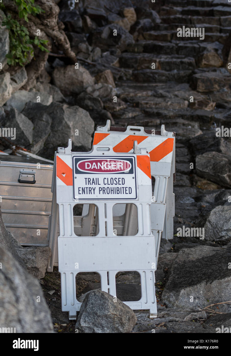 Trail Closed Sign on Steps to Waterfall Wet with Runoff Water Stock ...