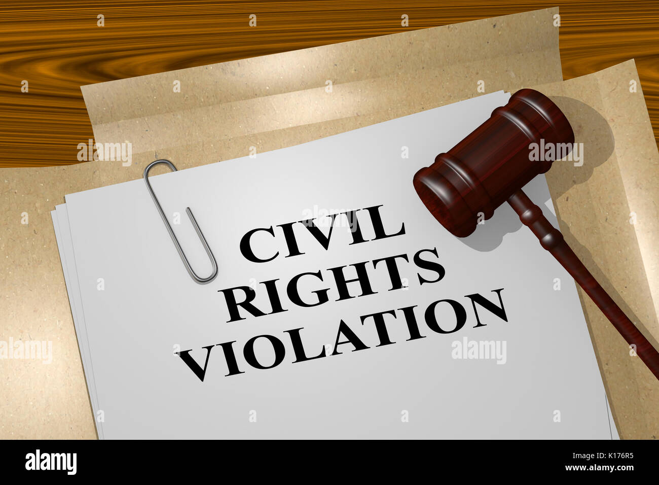 3D illustration of "CIVIL RIGHTS VIOLATION" title on Legal Documents ...