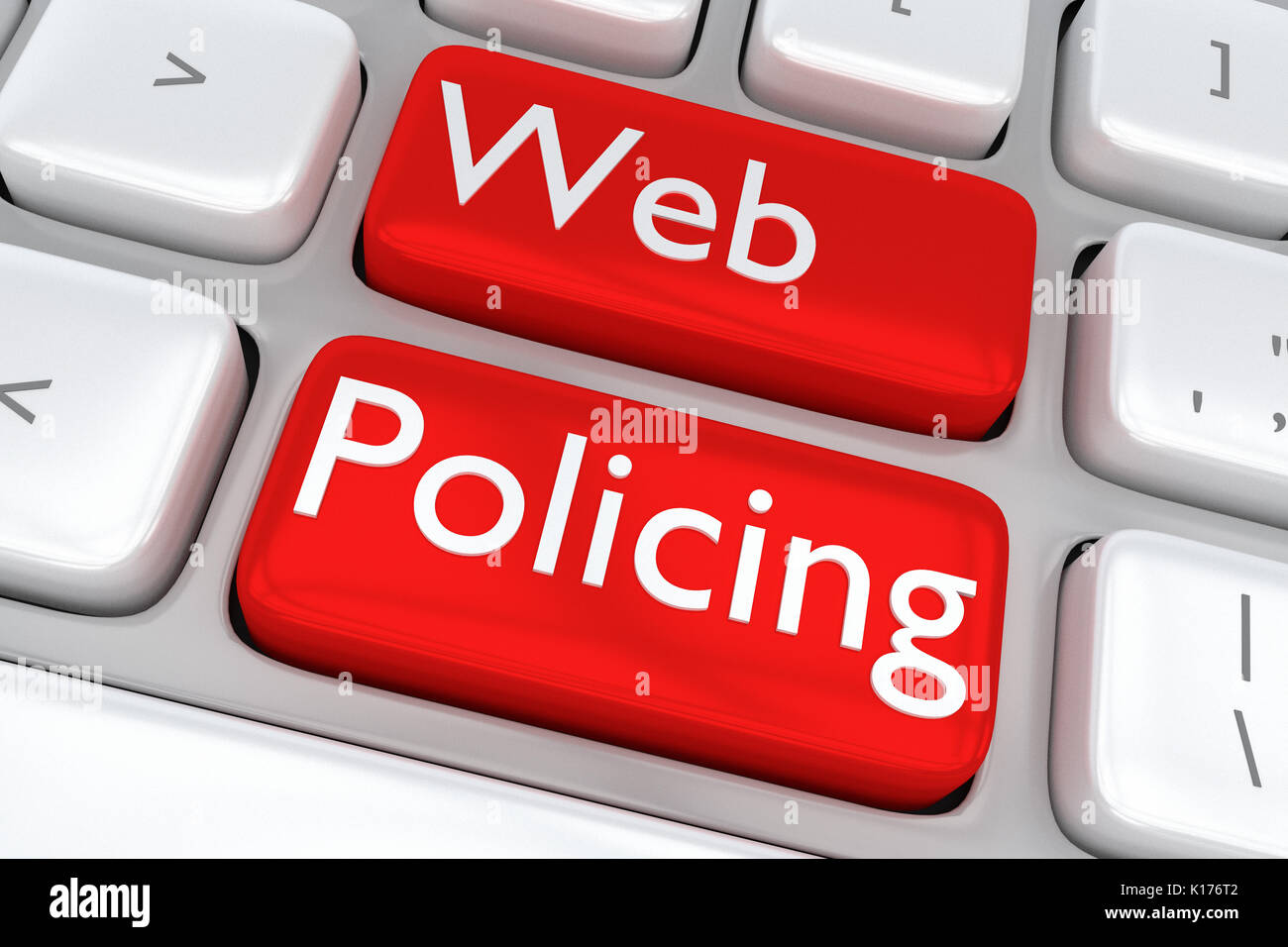 3D illustration of computer keyboard with the print "Web Policing" on two adjacent red buttons ...