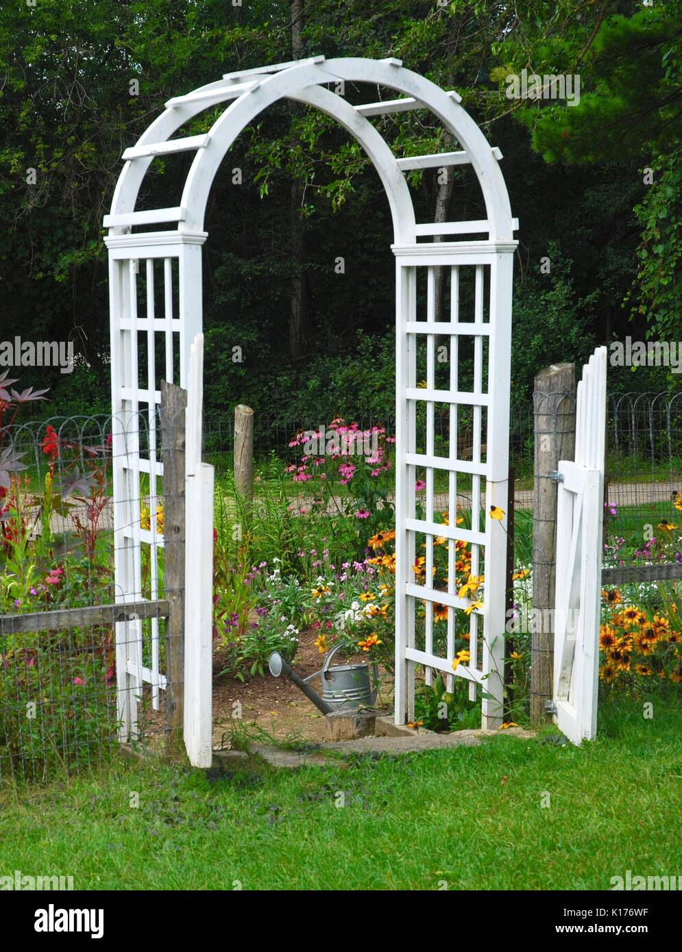 White arbor leading to the summer flower garden Stock Photo - Alamy