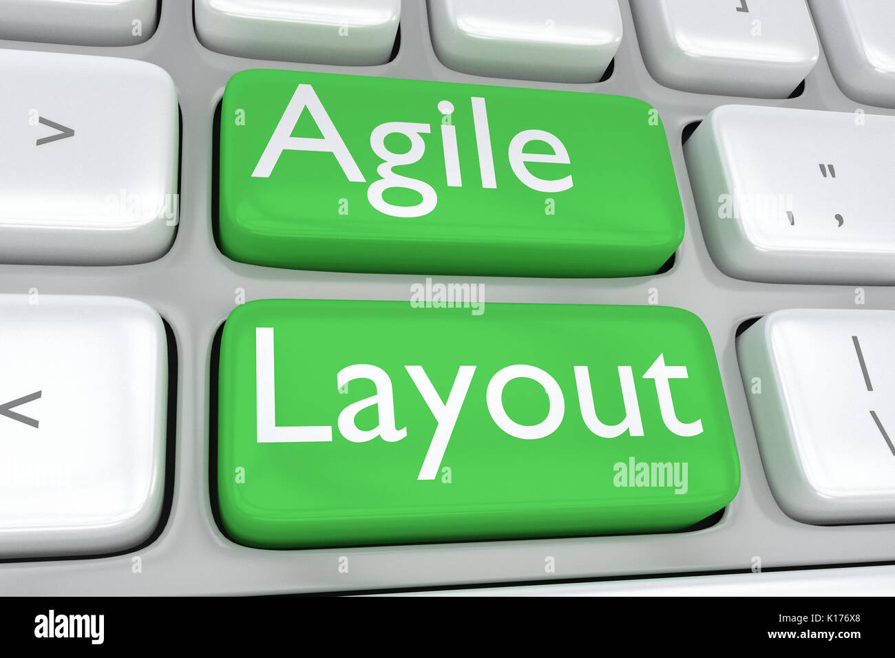 3D illustration of computer keyboard with the print "Agile Layout" on two adjacent green buttons ...