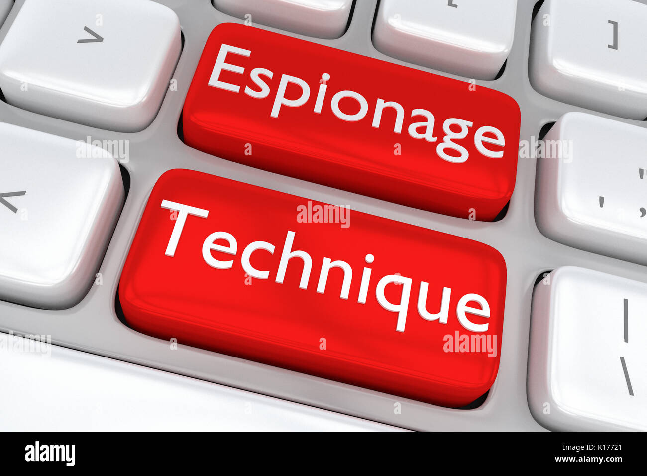 3D illustration of computer keyboard with the print "Espionage Technique" on two adjacent red ...