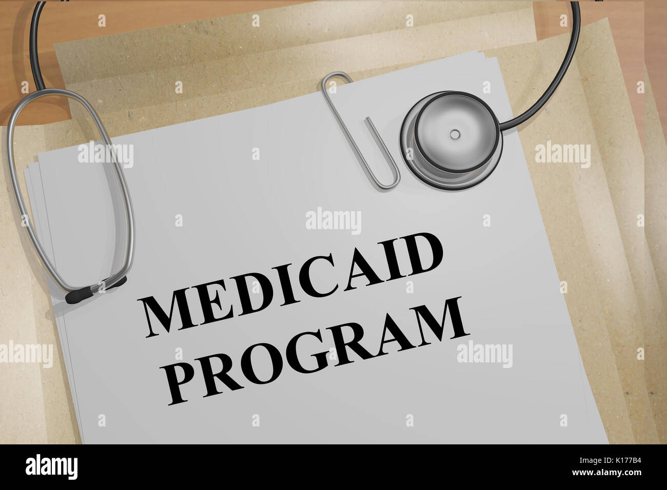 3D illustration of "MEDICAID PROGRAM" title on medical documents ...