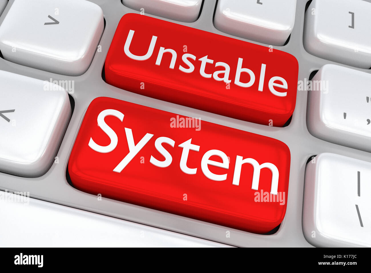 3D illustration of computer keyboard with the print "Unstable System" on two adjacent red ...