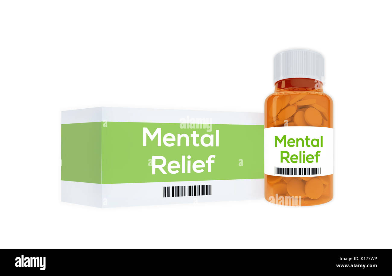 3D illustration of "Mental Relief" title on pill bottle, isolated on ...