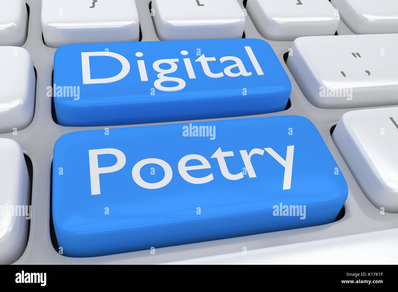 3D illustration of computer keyboard with the script "Digital Poetry" on two adjacent pale blue ...