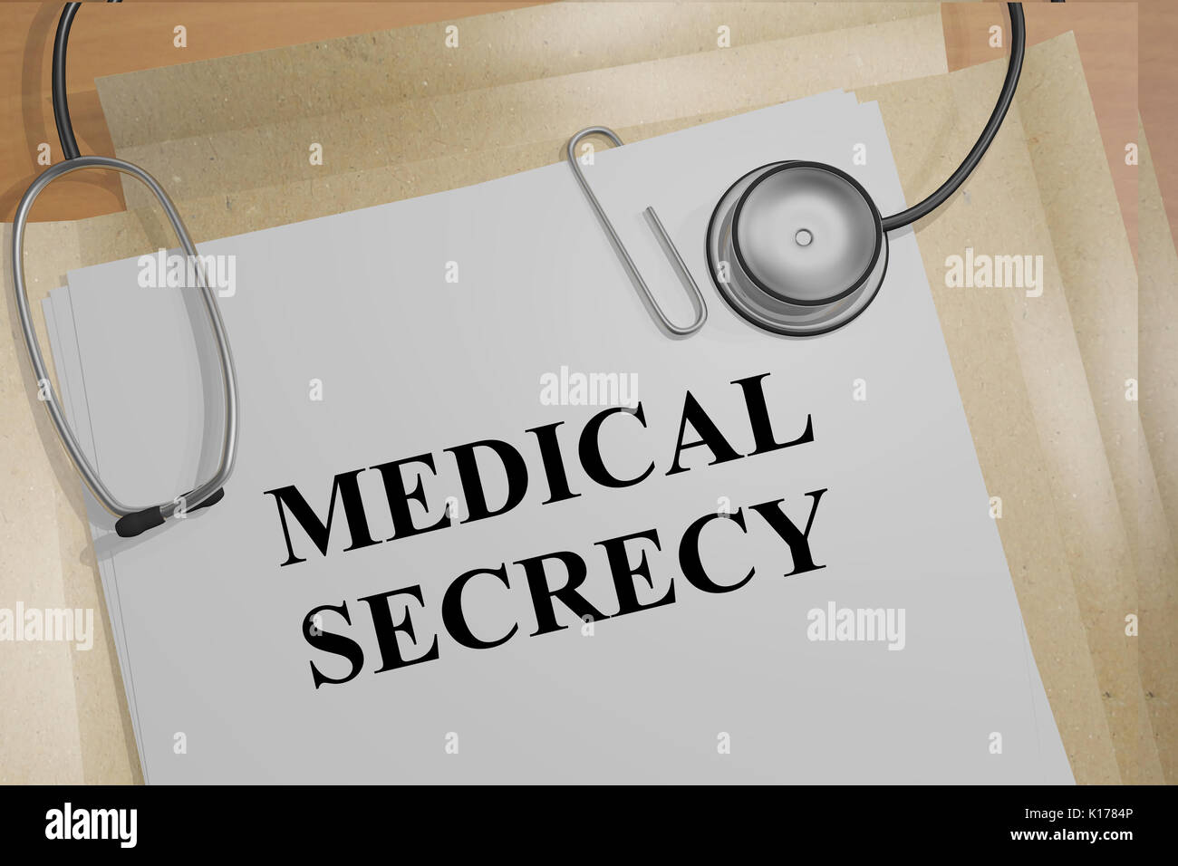 3D illustration of "MEDICAL SECRECY" title on medical documents ...