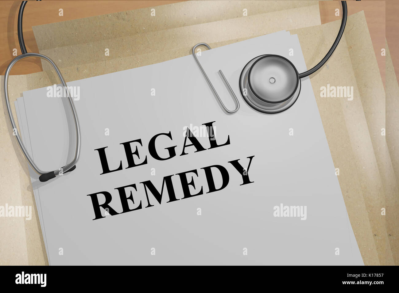 3D illustration of "LEGAL REMEDY" title on medical documents. Medical ...