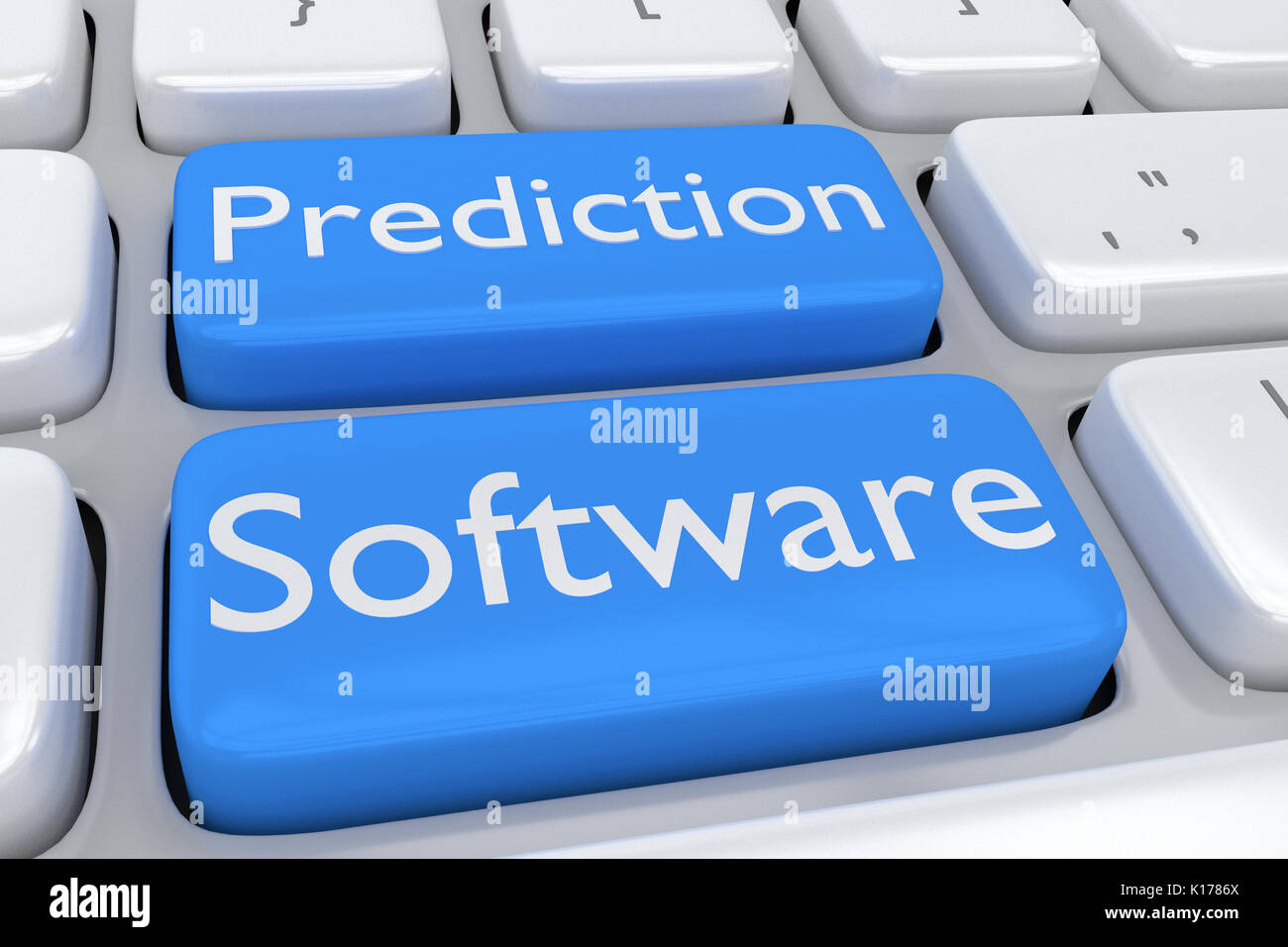 3D illustration of computer keyboard with the script "Digital Buildup" on two adjacent pale blue ...