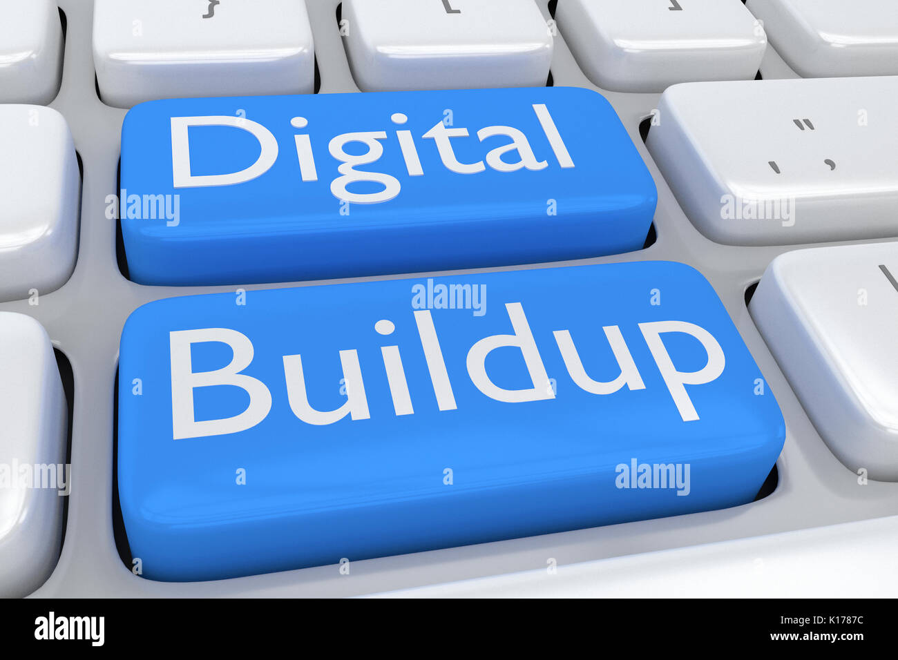 3D illustration of computer keyboard with the script "Digital Buildup" on two adjacent pale blue ...