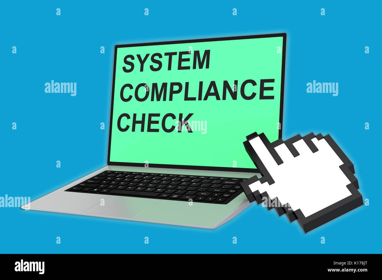 3D illustration of "SYSTEM COMPLIANCE CHECK" script with pointing hand ...
