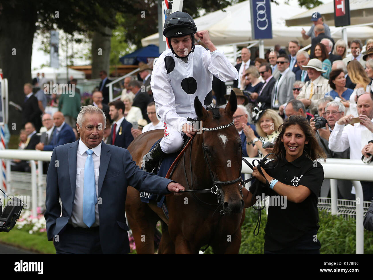 Luke Morris celebrates winning The Coolmore Nunthorpe Stakes on Marsha ...