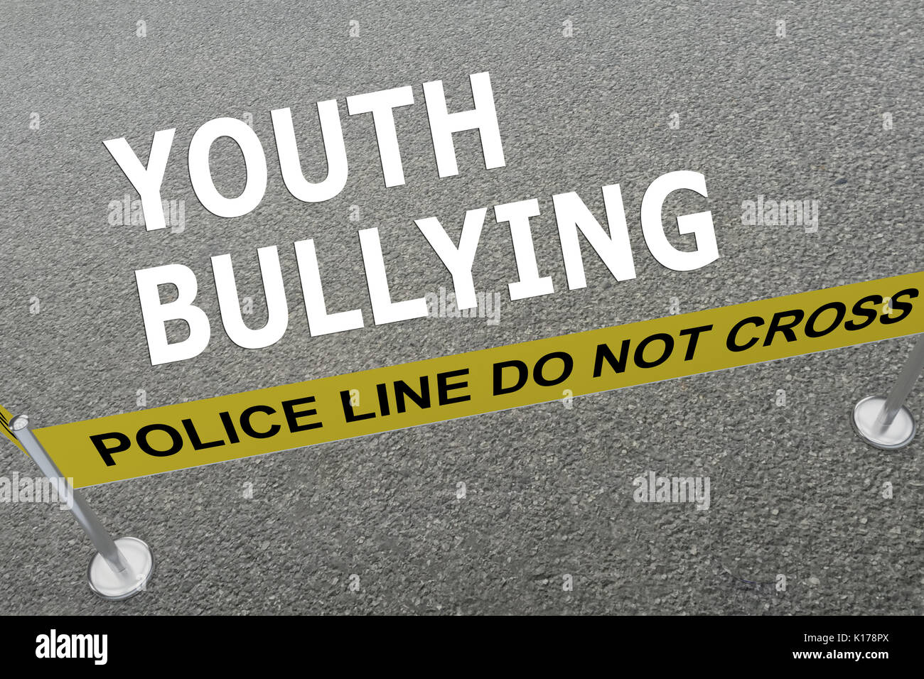 Render illustration of "YOUTH BULLYING" title on the ground in a police ...