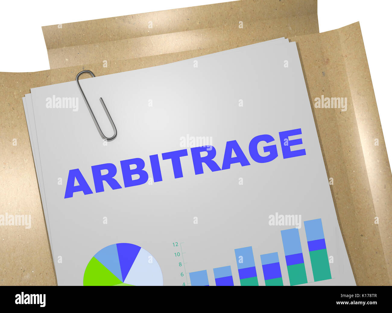 3D illustration of "ARBITRAGE" title on business document. Business ...