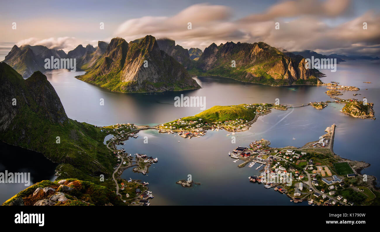 Reine village and fjord among mountains of Moskenesoya, Lofoten Stock ...